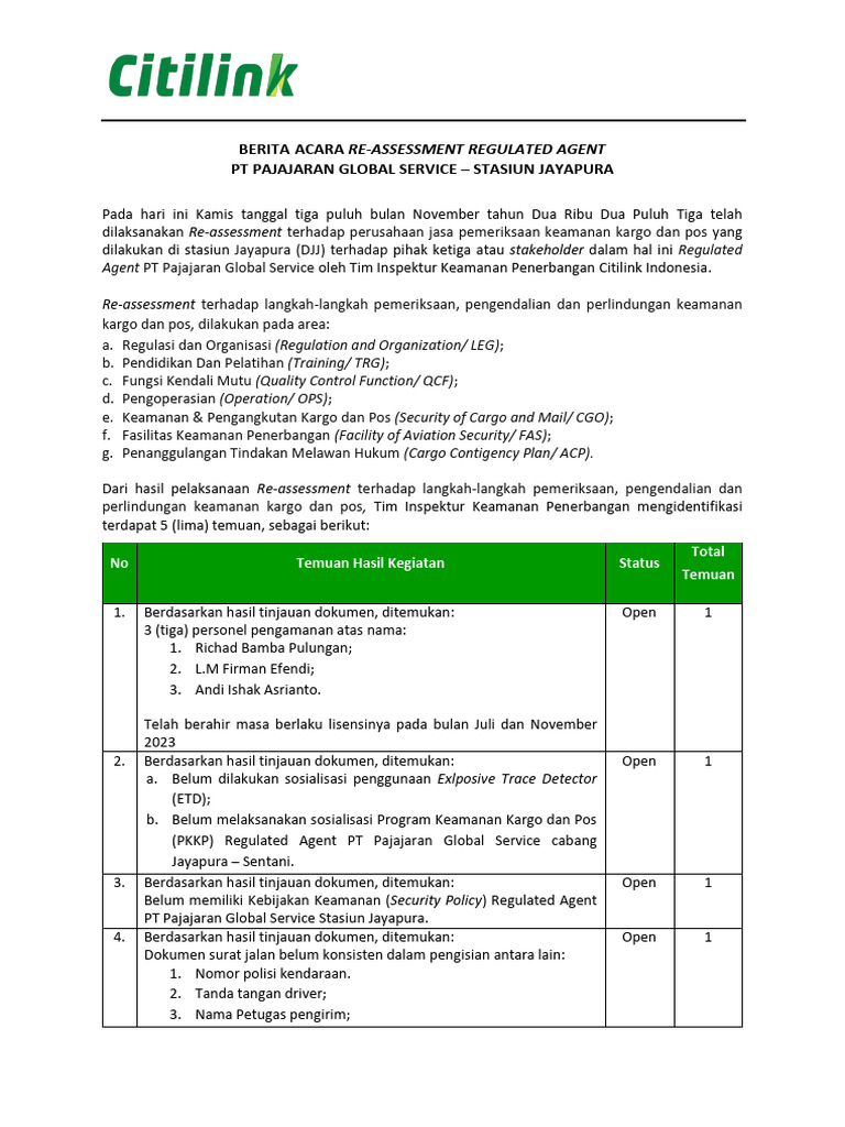 Berita Acara Assessment RA PT Pajajaran Sta. DJJ | PDF