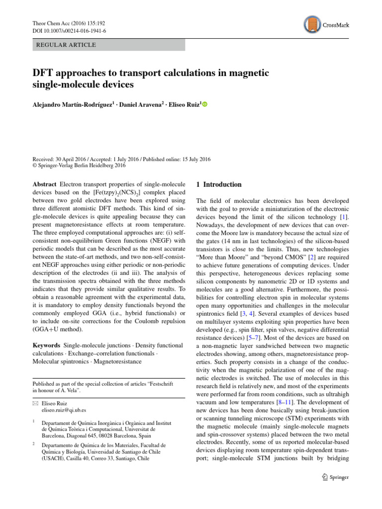 DFT Approaches To Transport Calculations in Magnetic Single-Molecule Devices | PDF | Density ...