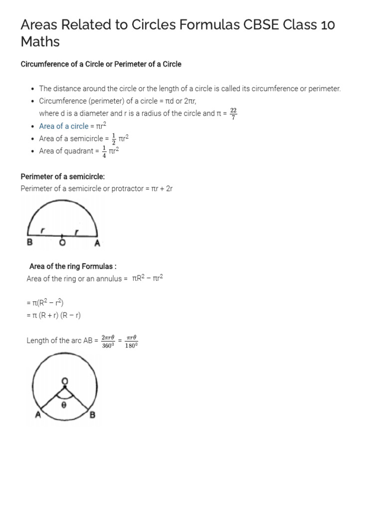 Areas Related To Circles Notes CBSE Class 10 Maths | PDF | Area | Circle