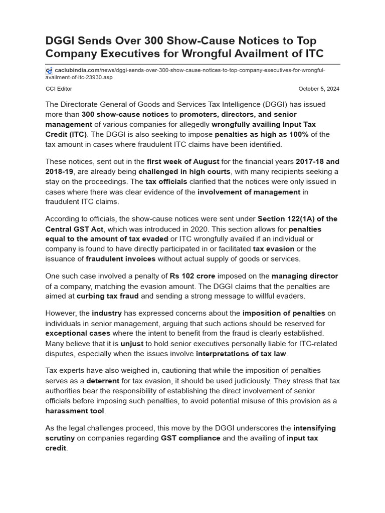 DGGI Sends Over 300 Show-Cause Notices To Top Company Executives For ... DGGI Sends Over 300 Show-Cause Notices To Top Company Executives For ...