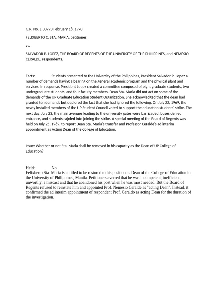 UP Dean Removal Case: Sta. Maria vs. Lopez | PDF | Social Science ...