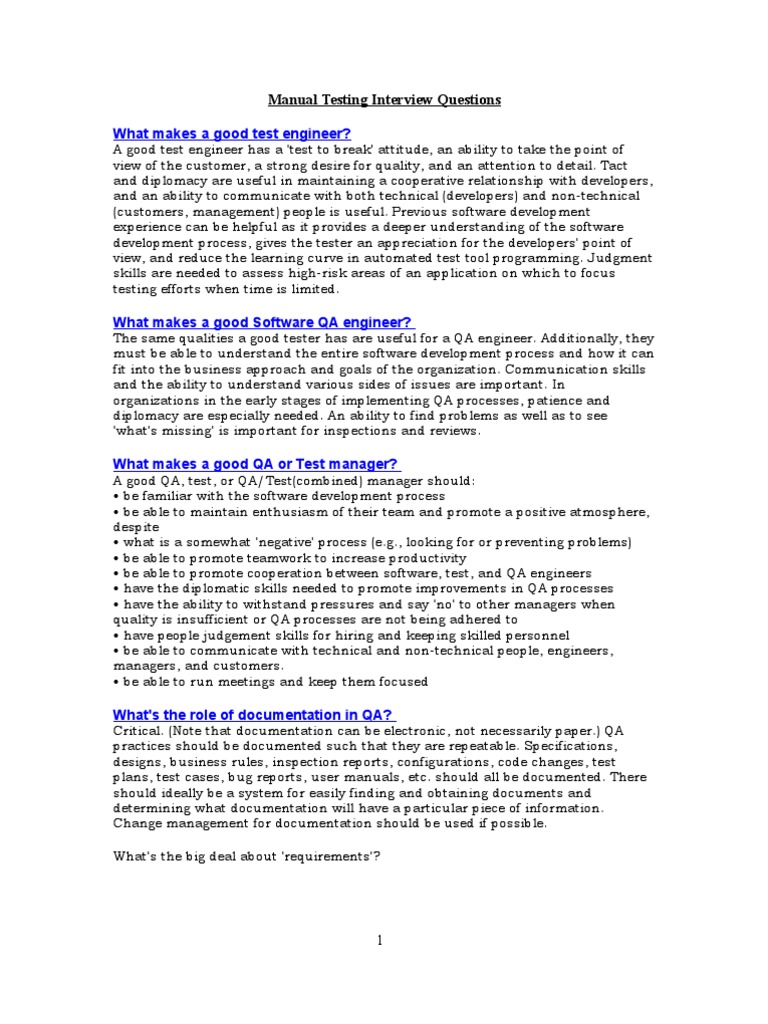 What Makes A Good Test Engineer?: Manual Testing Interview Questions | PDF