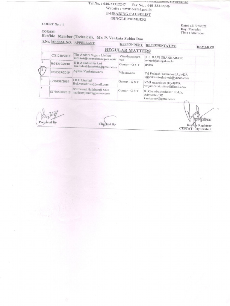 Cause List Cestat Hyderabad, Dt. 21.07.2022 | PDF