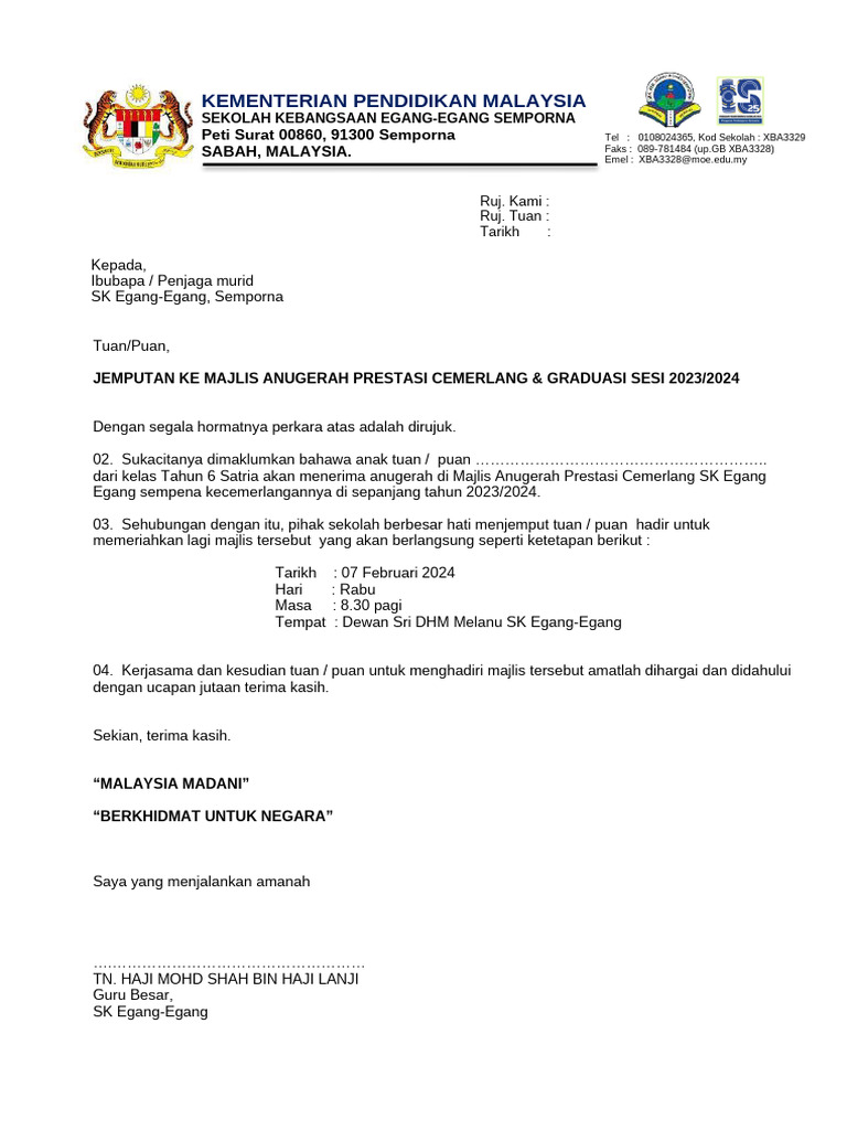 Surat Jemputan Ibubapa Majlis | PDF