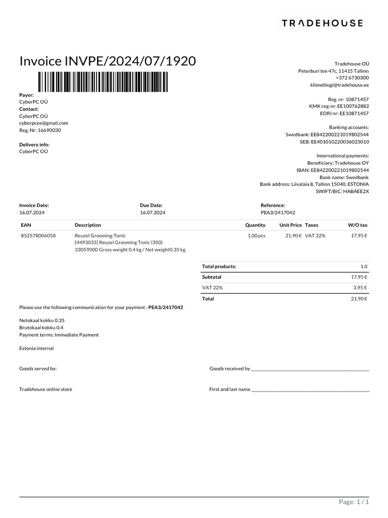 Invoice INVPE 2024 07 1920 | PDF | Invoice | Services (Economics)