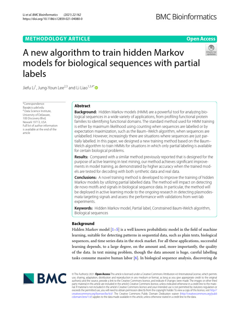 A New Algorithm To Train Hidden Markov Models For Biological Sequences With Partial Labels | PDF ...