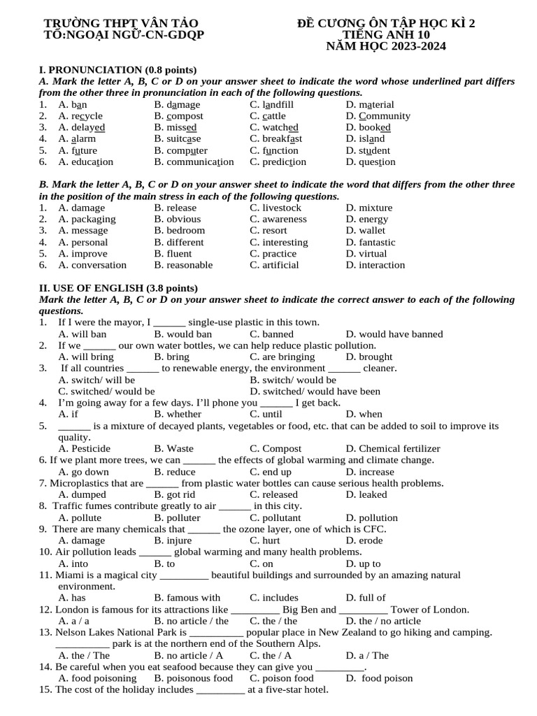 ĐỀ CƯƠNG TA 10 - HK2 - 2024-ST | PDF | Educational Technology | Recycling