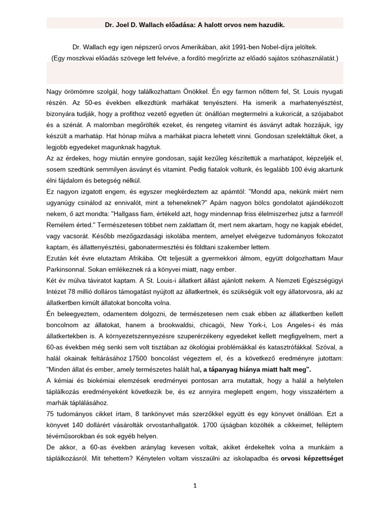 Dr. Joel D. Wallach Előadása: A Halott Orvos Nem Hazudik. | PDF