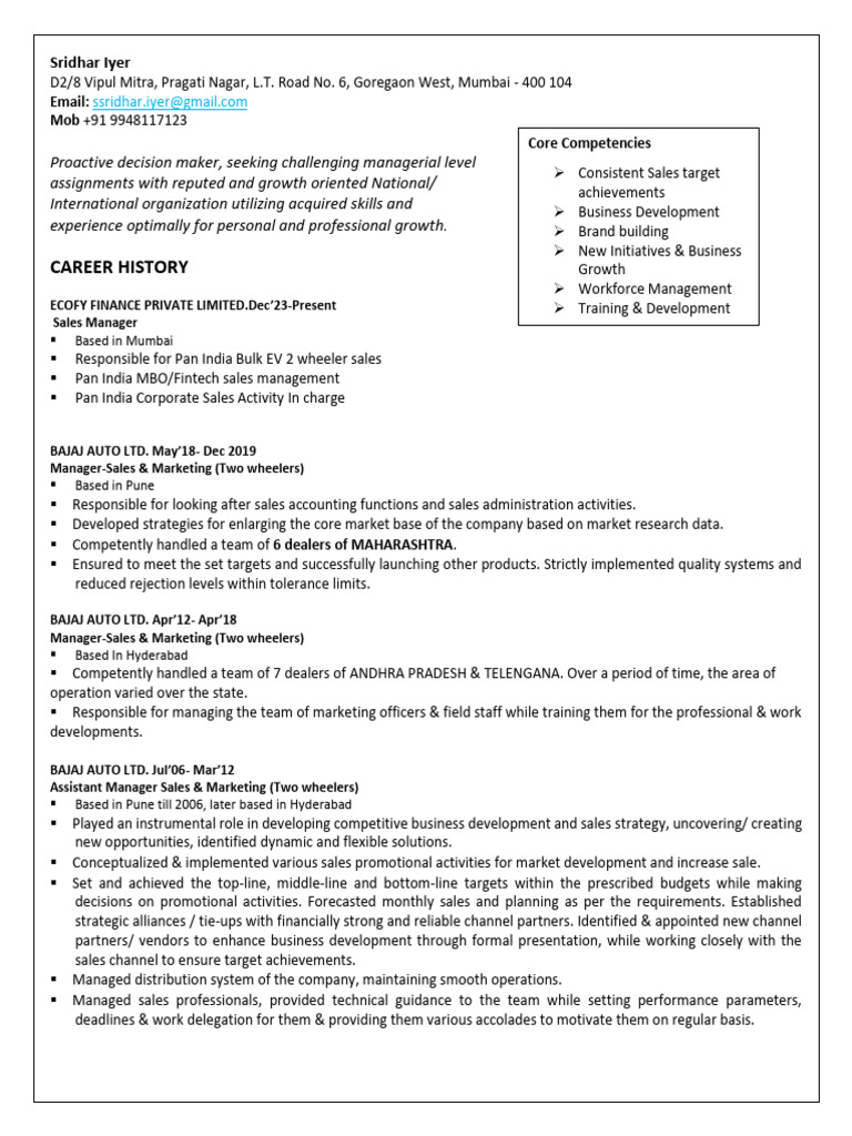 Sridhar Satish Iyer Resume 240522 154659 | PDF | Business | Economies