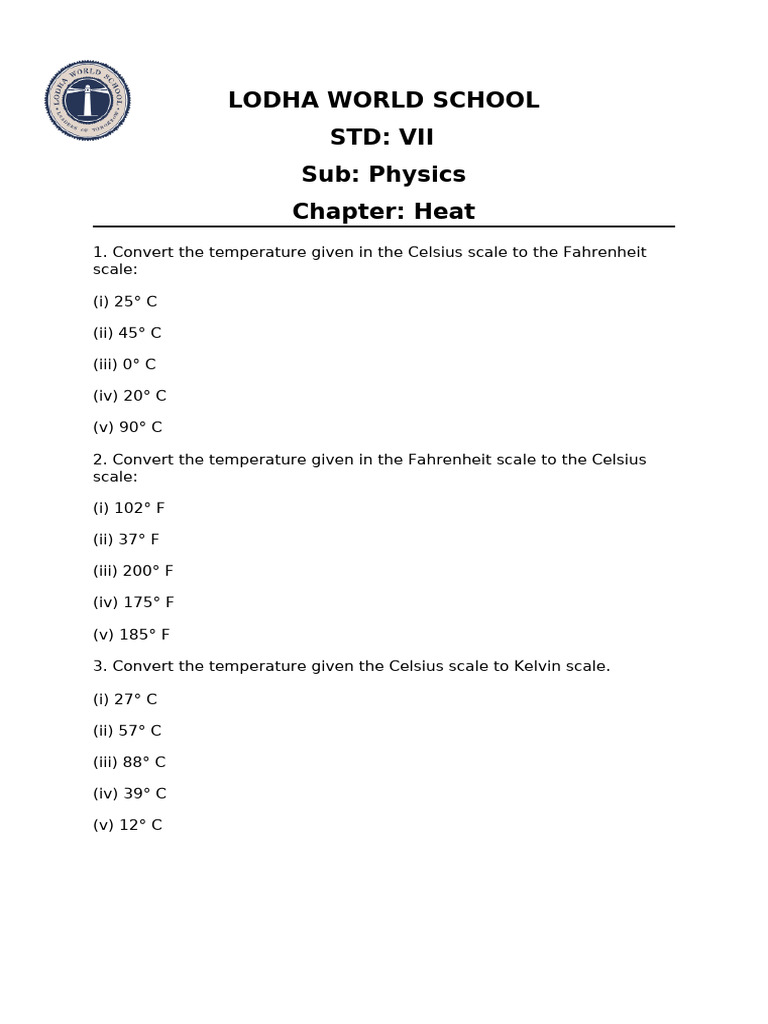 Numericals On Temeprature Scales Class VII | PDF | Technology & Engineering