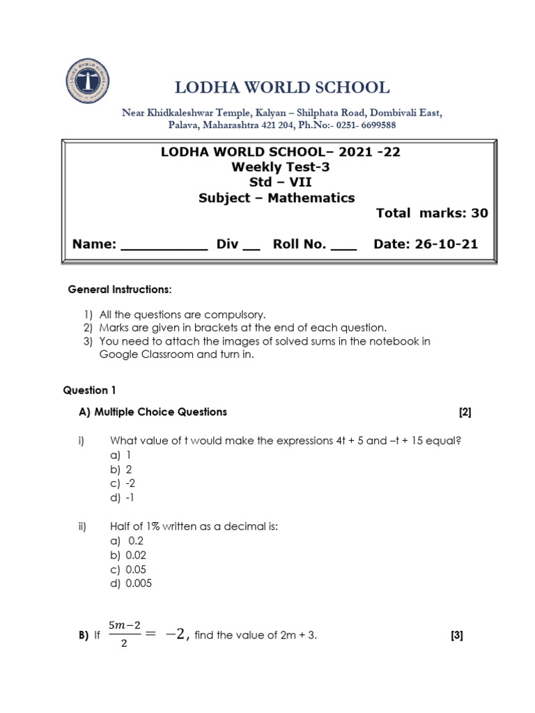 STD VII-Weekly Test-3 (Mathematics) - Question Paper | PDF | Ratio ...