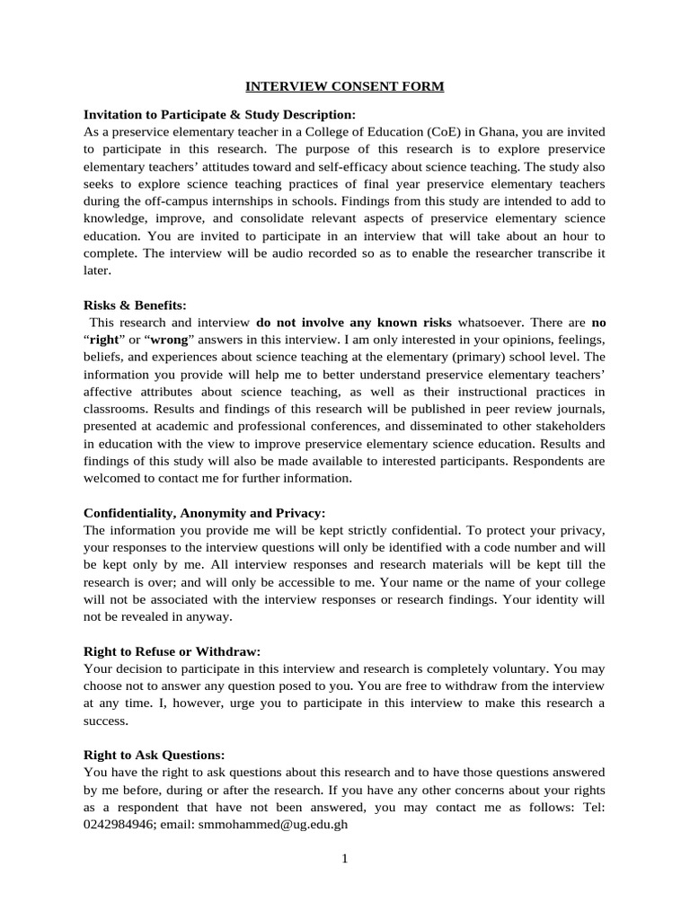Consent Form For Preservice Elementary Teachers' Interviews | PDF ...