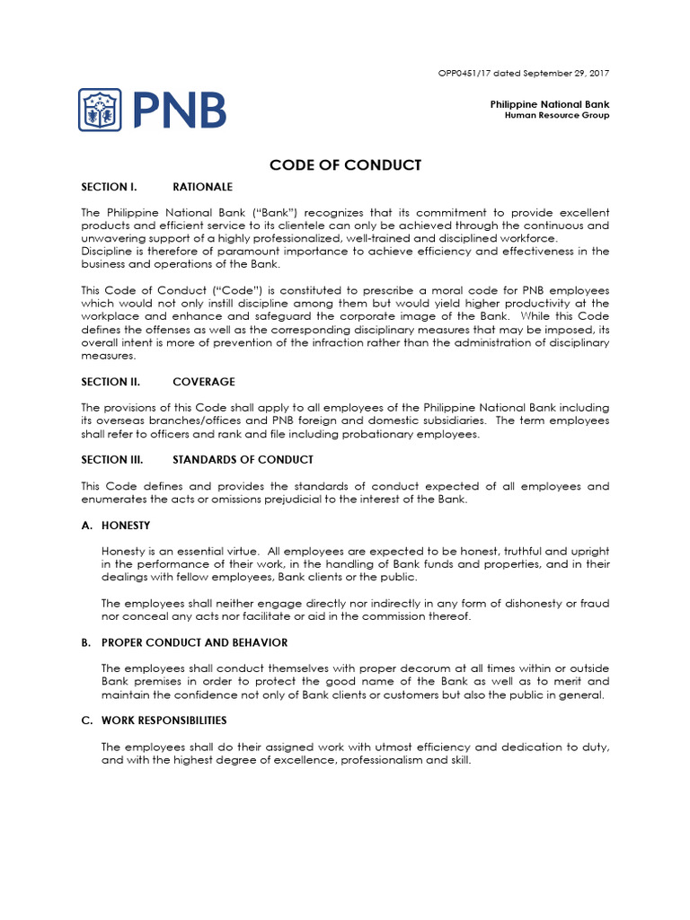 Code of Conduct-PNB | PDF | Crimes | Crime & Violence
