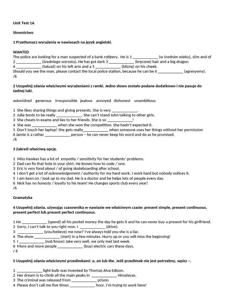 Unit Test 1A: Vocabulary and Grammar | PDF | Language Arts & Discipline ...