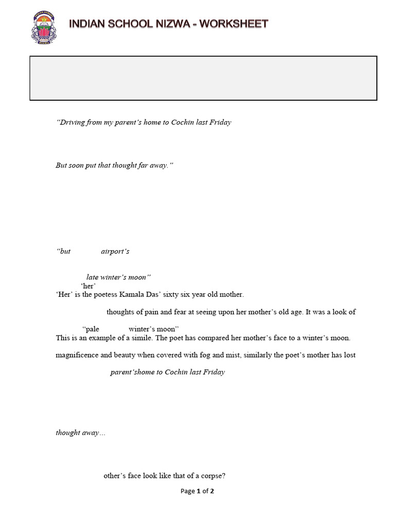 2814825-Isn - 2017-18 - WS - Class Xii - English - My Mother at Sixty Six | PDF | Poetry