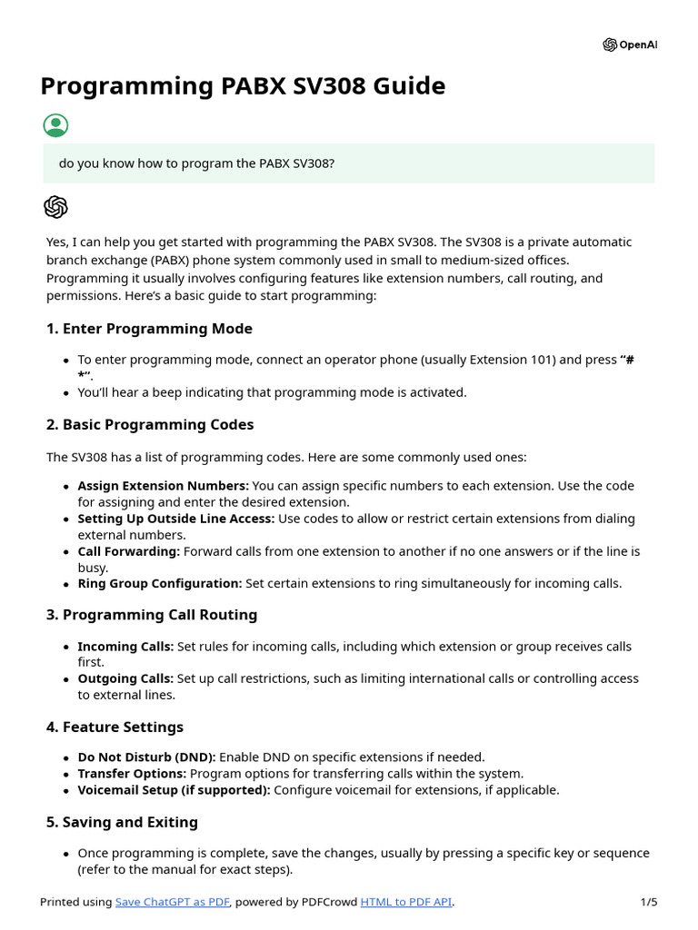 PABX SV308 Programming Guide | PDF | Voicemail | Software