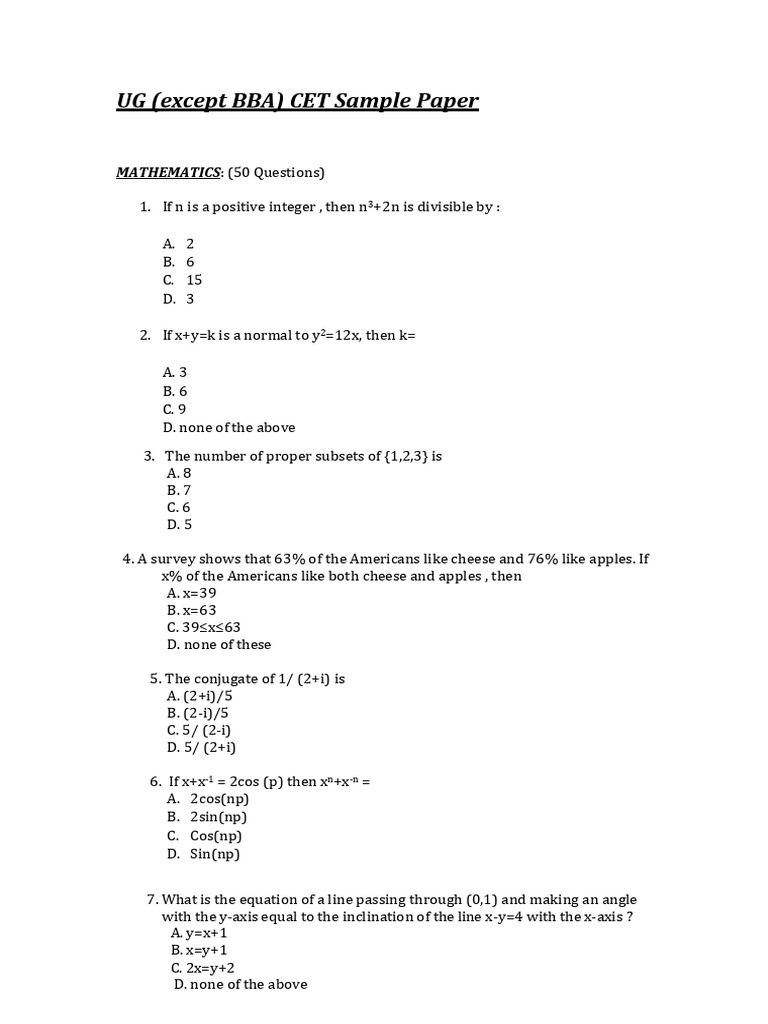 UG CET Mathematics Sample Paper | PDF | Mathematical Analysis | Algebra