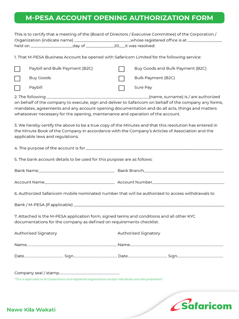 M-PESA Account Opening Authorization Form | PDF | Business Law | Business