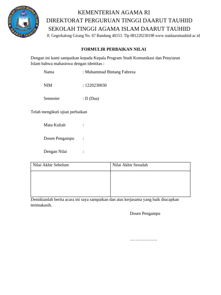 Formulir Perbaikan Nilai STA Daarut Tauhiid | PDF | Karier & Perkembangan