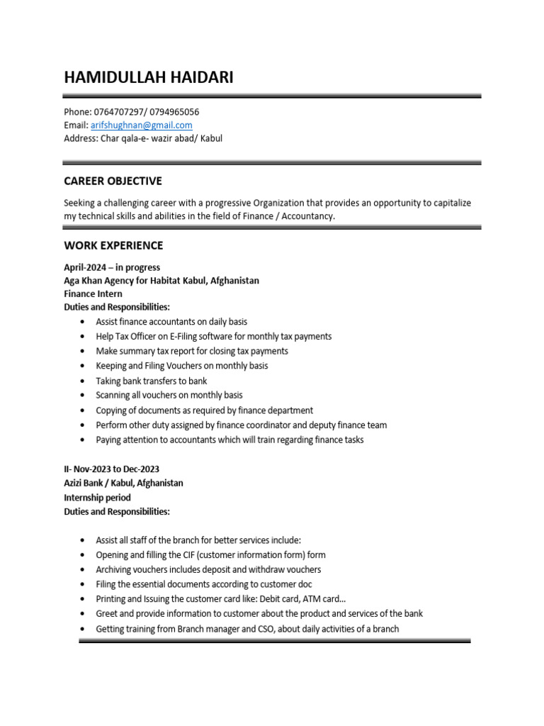 HAMIDULLAH HAIDARI CV's | PDF | Banks