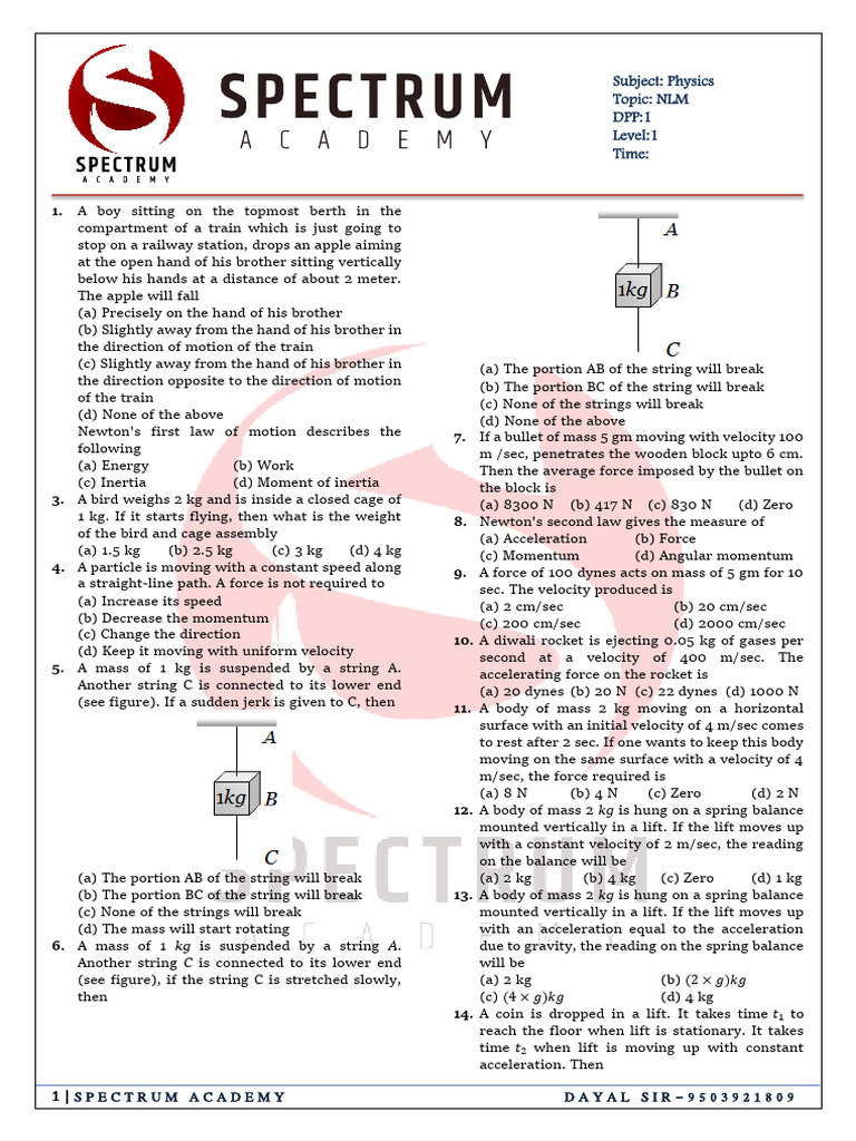 Physics NLM Practice Questions | PDF | Force | Tension (Physics)