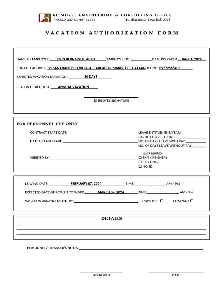 Vacation Authorization Form - 02 | PDF