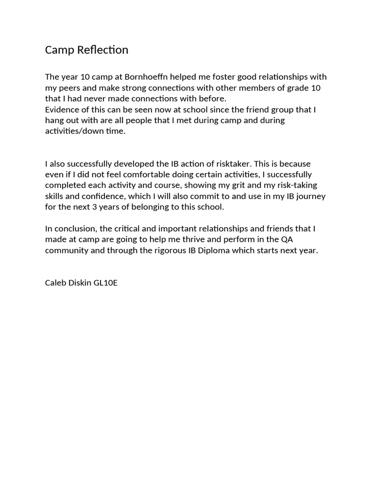 Year 10 Camp Reflection | PDF