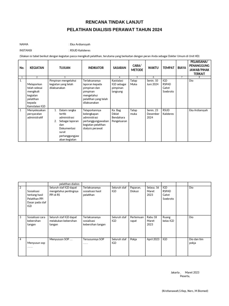 Format Rencana Tindak Lanjut Pelatihan | PDF