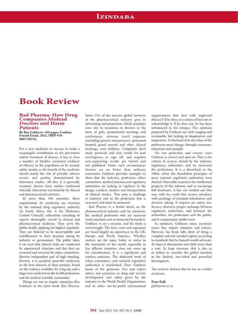 Folb 2013 Bad Pharma How Drug Companies Mislead Doctors and Harm ...