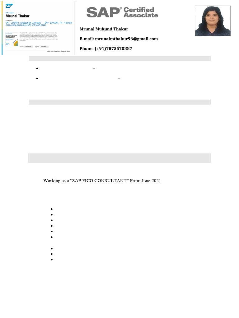 CV - Mrunal Thakur - Sap Fico Hana | PDF | Business | Business Economics