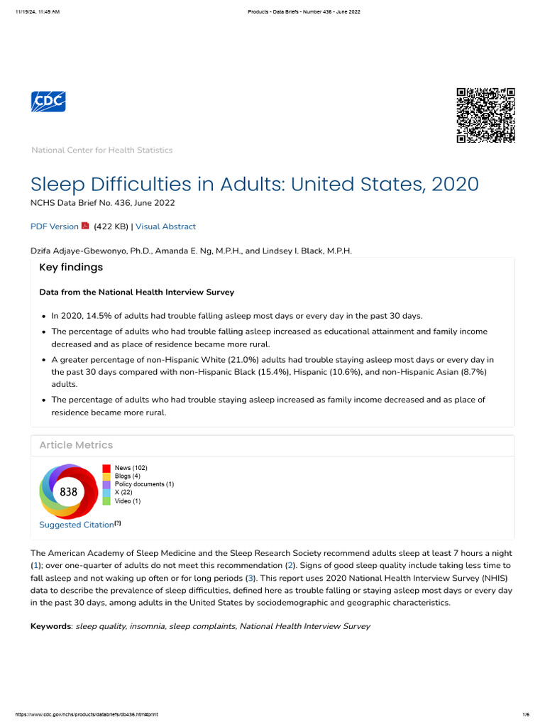 Sleep Difficulties in Adults: United States, 2020: Key Findings | PDF ...
