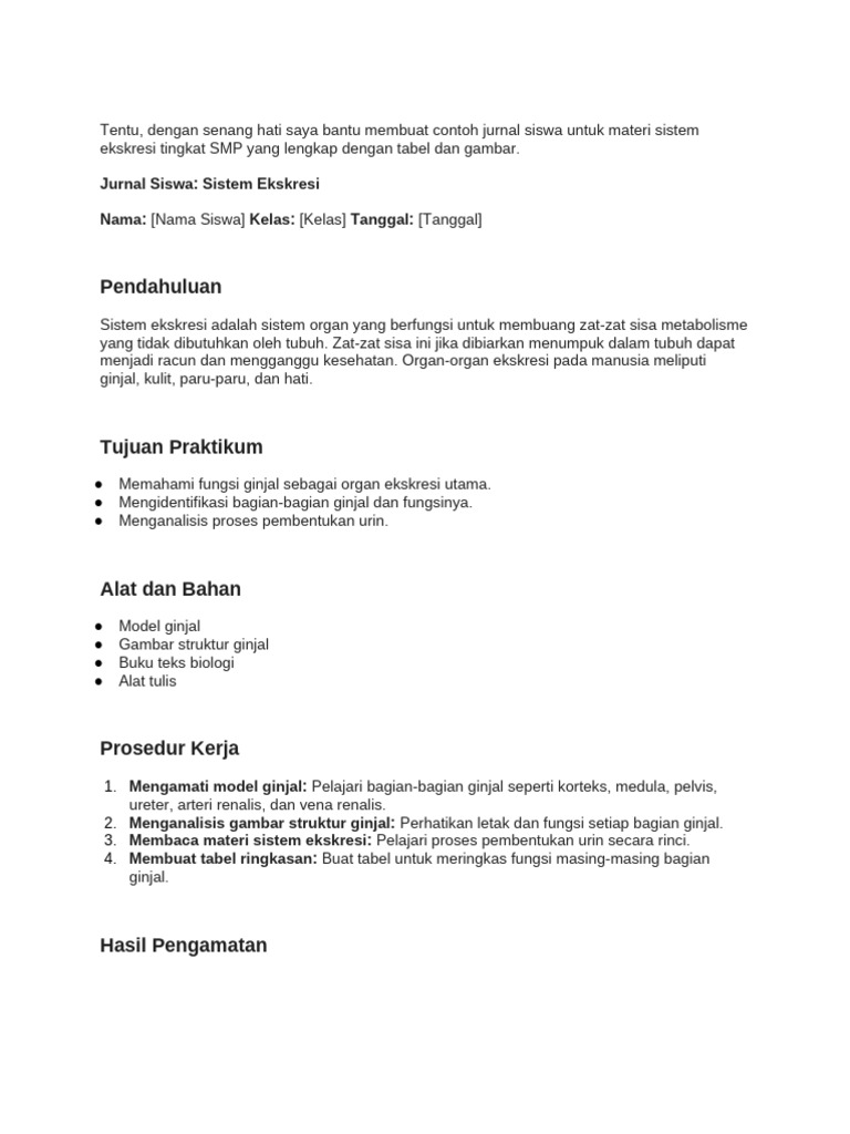 Buatkan Jurnal Siswa Materi Sistem Ekskresi Tingk... | PDF