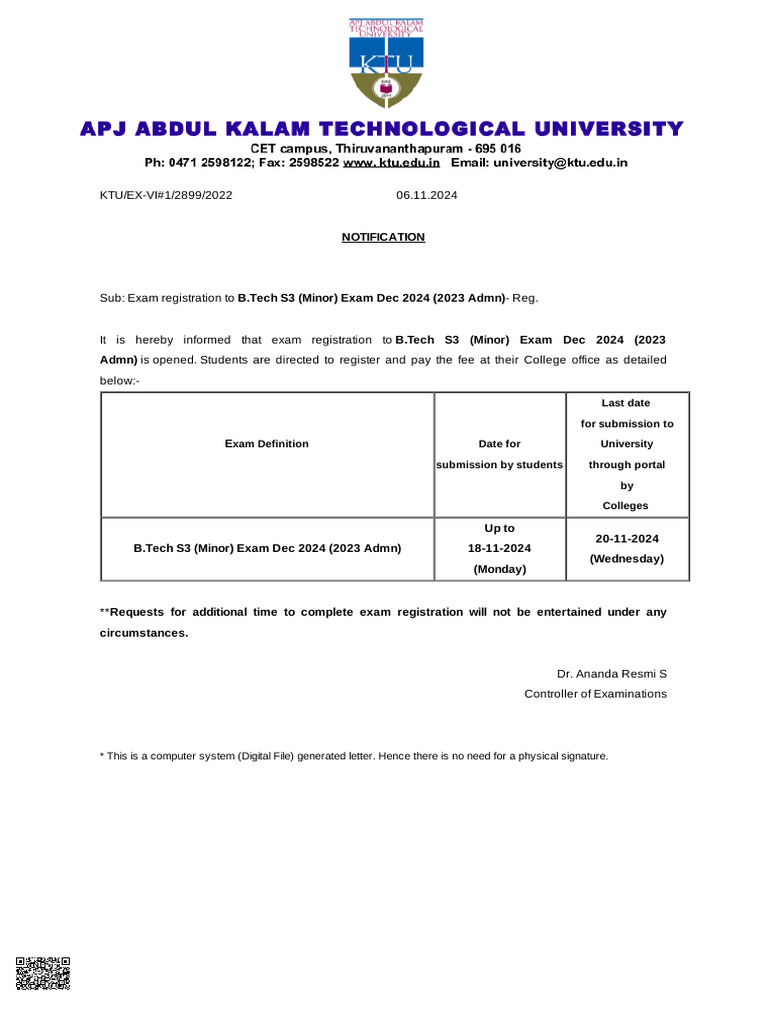 KTU-EX-VI#1-2899-2022-Exam - B.Tech S3 (Minor) Exam Dec 2024 (2023 Admn ...