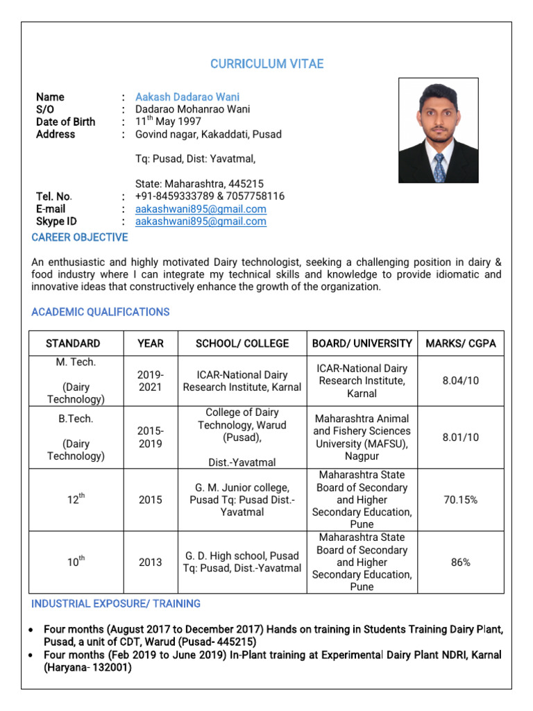 Aakash Wani Resume M Tech Net Dairy Pdf