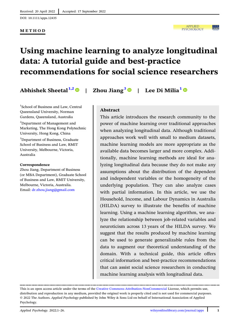 Applied Psychology - 2022 - Sheetal - Using Machine Learning To Analyze Longitudinal Data A ...