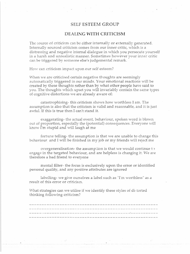 Self-Esteem Handout Dealing With Criticism | PDF