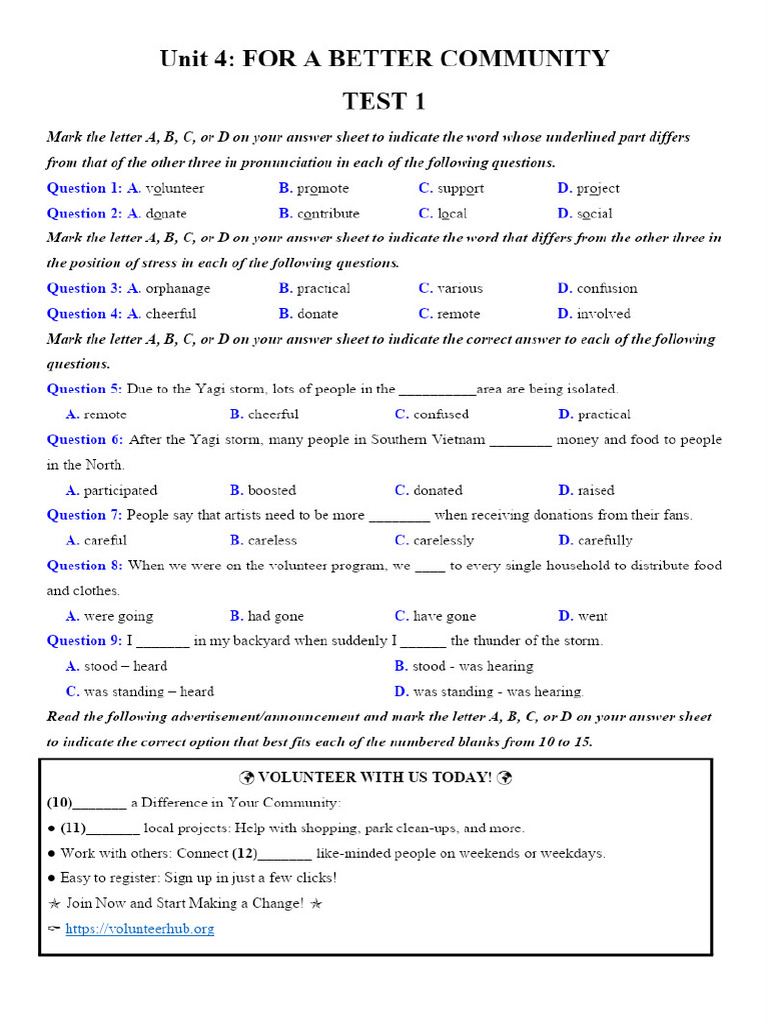 Khối 10 - Unit 4 - for a Better Community | PDF