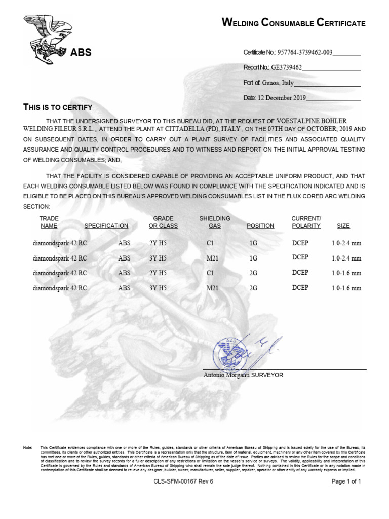 ABS Welding Consumable Certificate | PDF | Welding | Construction