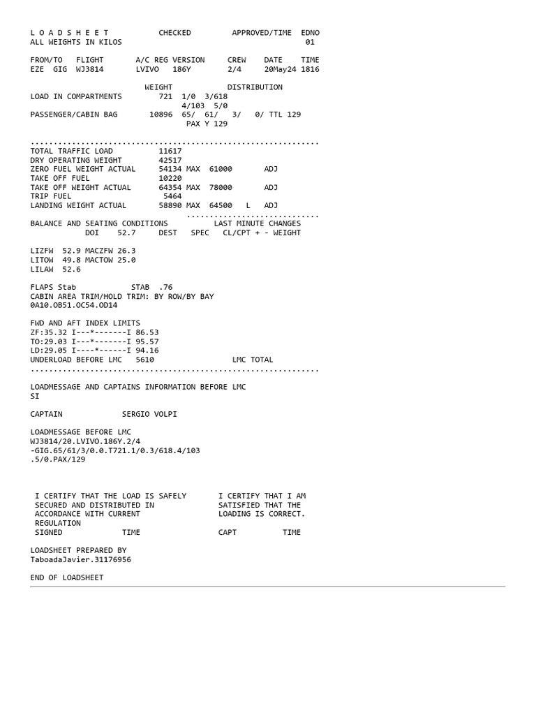 LOADSHEET 20240520 WJ3814 LV-IVO EZE - HTML | PDF | Computers | Technology & Engineering