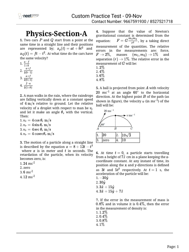 Custom Practice Test 1 - 09-Nov | PDF | Acceleration | Force