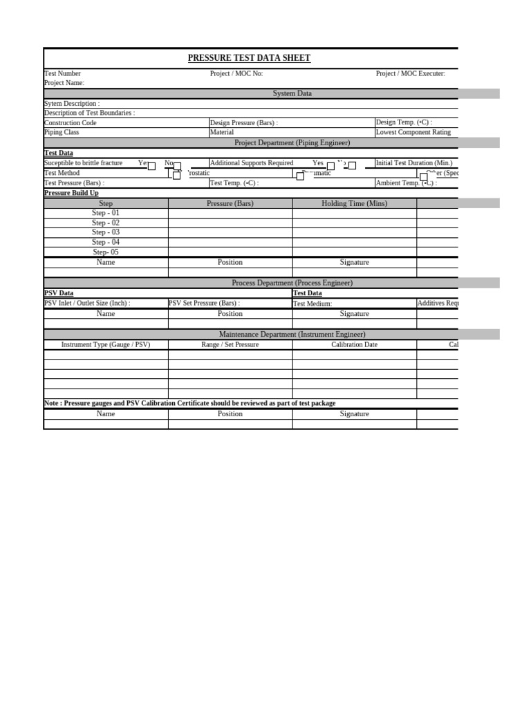 Appendix 01 - Pressure Test Data Sheet | PDF | Calibration | Pressure