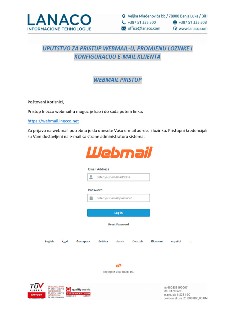 Uputstvo Za Pristup Webmail-U, Promjenu Lozinke I Konfiguraciju E-Mail ...
