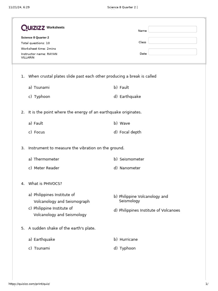 Science 8 Quarter 2 Quiz on Earthquakes | PDF | Earthquakes | Seismology