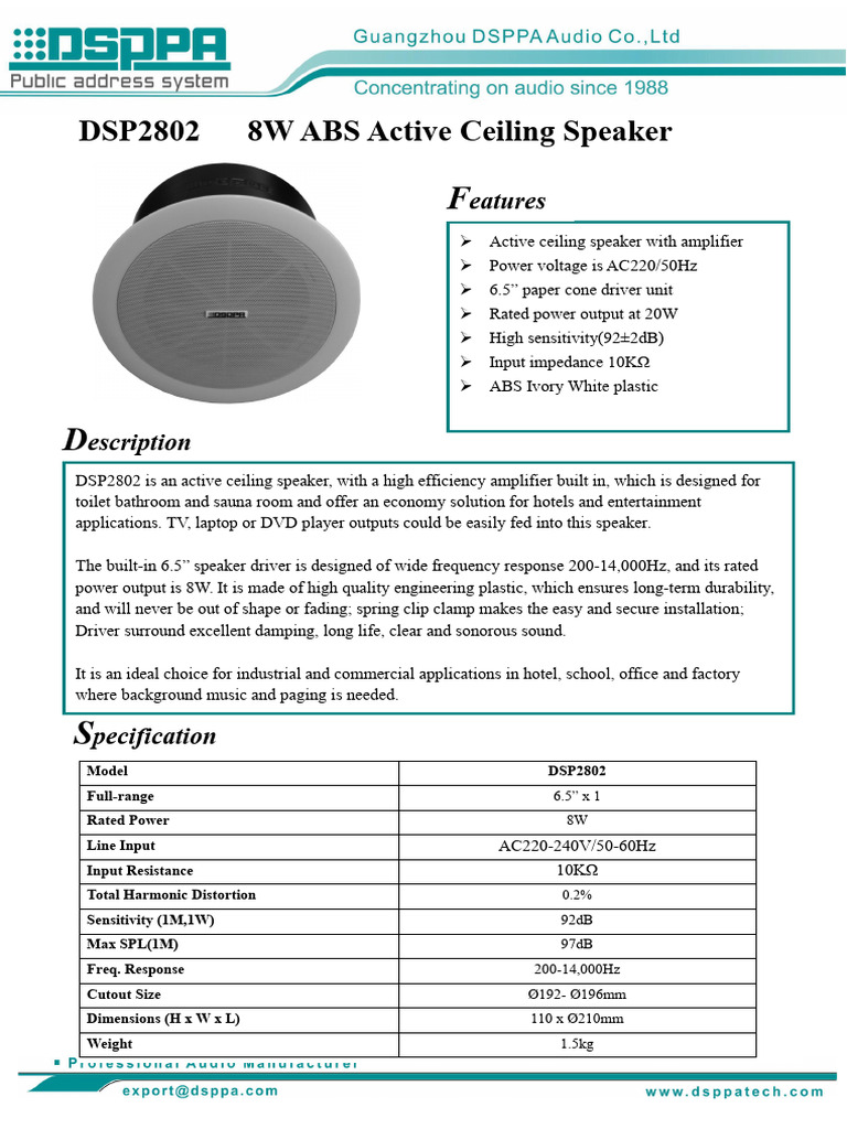 DSP2802 Active Ceiling Speaker Specs | PDF | Loudspeaker | Amplifier