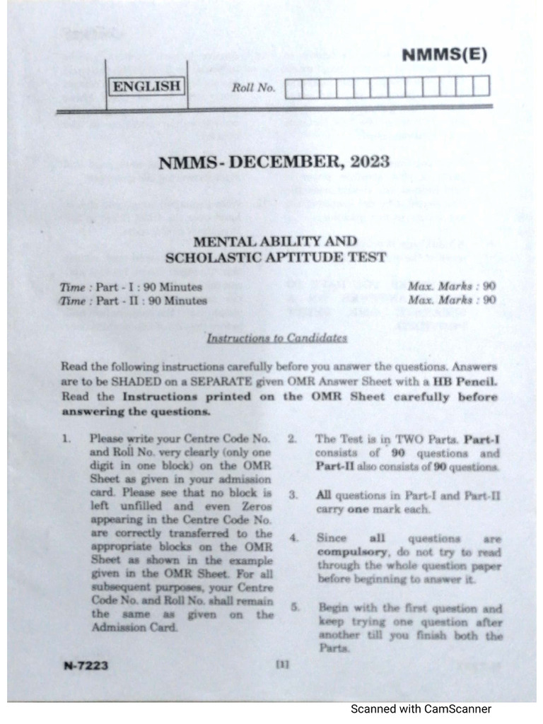 NMMS Previous Year Question Papers December, 2023 - English | PDF