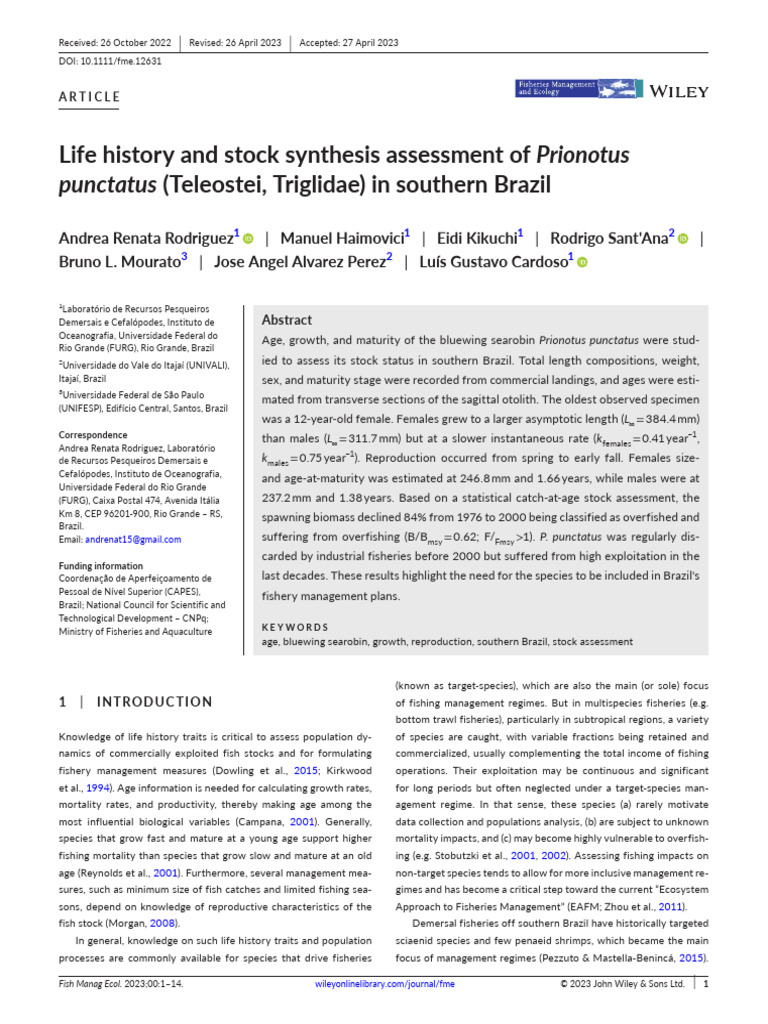 Rodriguez Et Al 2023 Life History And Stock Synthesis Assessment Of Prionotus Punctatus Pdf