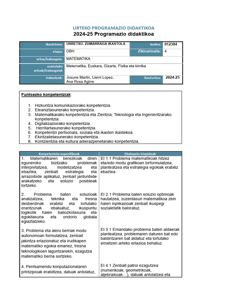 Programazioa Matematika DBH4-24-25 | PDF