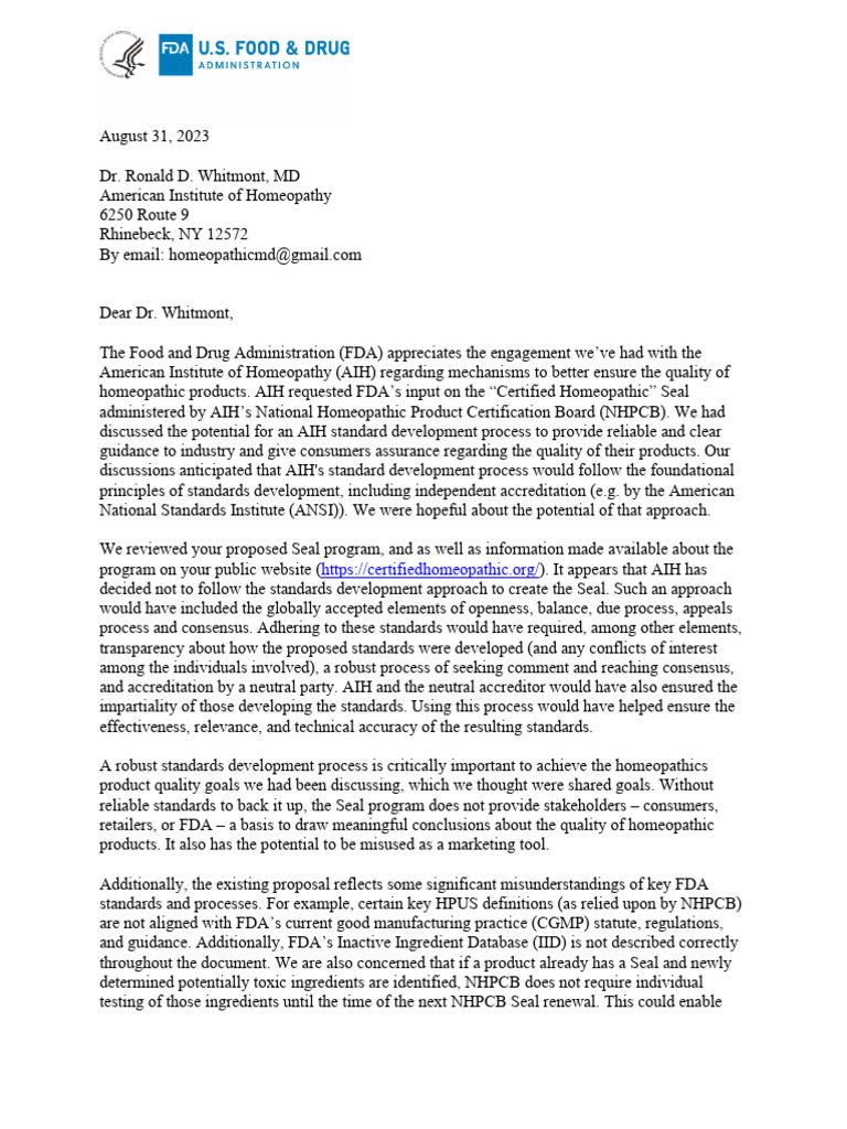 FDA Response Letter On AIH Seal Program | PDF | Food And Drug ...