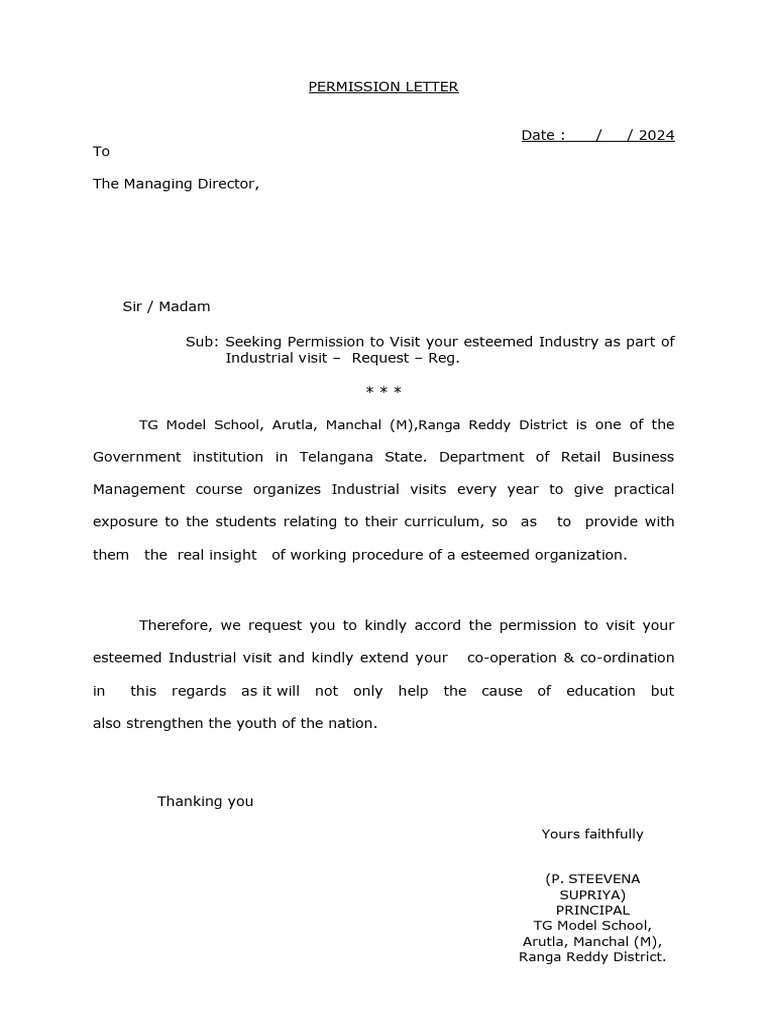 PERMISSION LETTER Industrial Visit | PDF