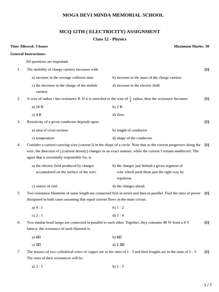 MCQ 12TH (Electricity) Assignment | PDF | Electrical Resistance And ...